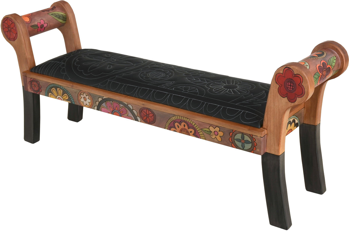 Handmade Rolled Arm Wooden Bench with Leather Seat