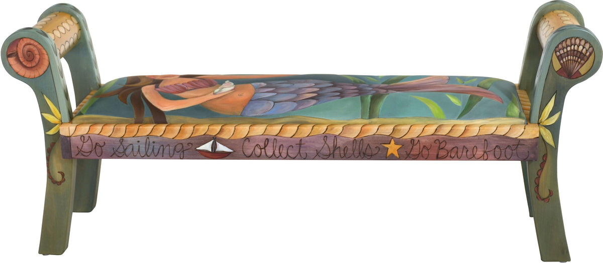 Handmade Rolled Arm Wooden Bench with Leather Seat