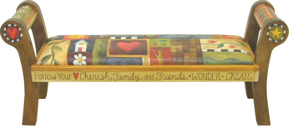 Handmade Rolled Arm Wooden Bench with Leather Seat – Sticks